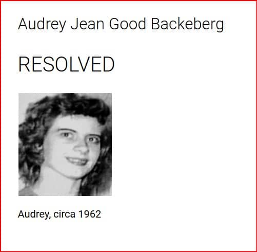 Charley Project Case Closed: Audrey Backeberg Found Alive After 62 ...